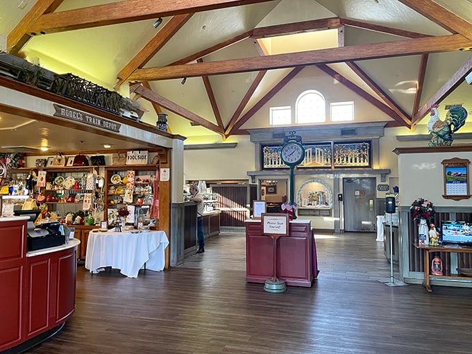 Exposed wooden beams and country charm greet you inside, where the vaulted ceiling seems designed to accommodate your post-buffet happiness.