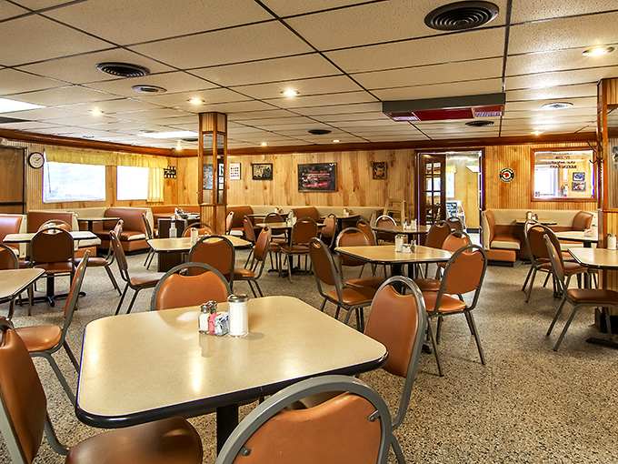 Classic wood paneling and no-nonsense seating create that perfect small-town restaurant vibe where the focus is squarely on the food.