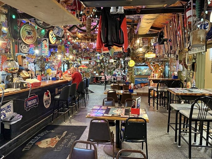 Step inside and you're immediately surrounded by decades of fishing memorabilia, creating an atmosphere that's equal parts museum and neighborhood hangout.