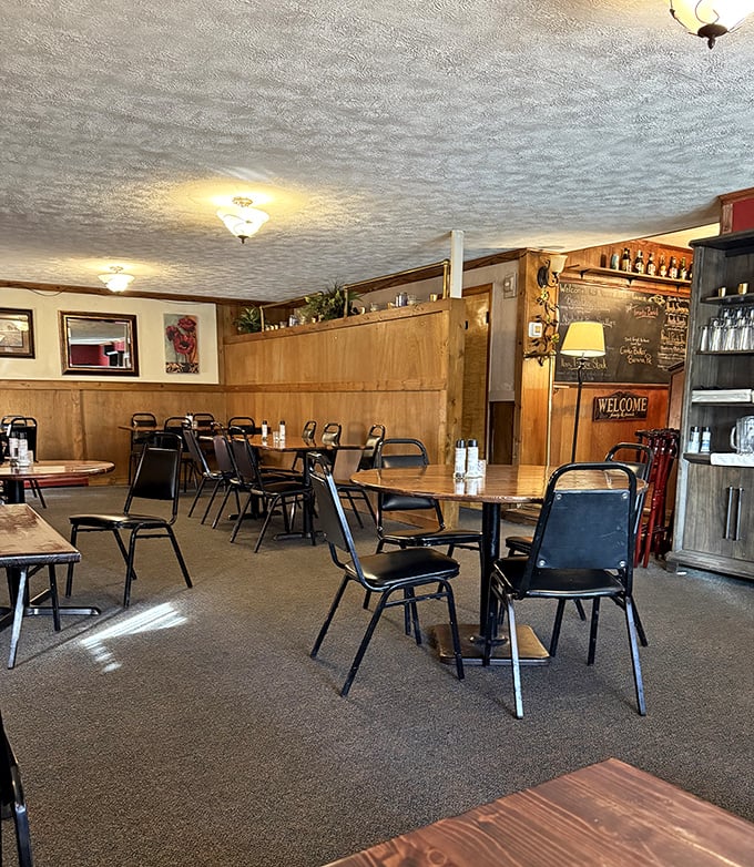 Warm wood paneling and comfortable seating create that "everybody knows your name" vibe. This isn't designer chic—it's authentic tavern comfort at its finest.