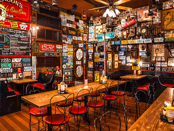 License plates aren't just for cars at Jaxson's—they're wallpaper in this time capsule of Americana where every inch tells a story.