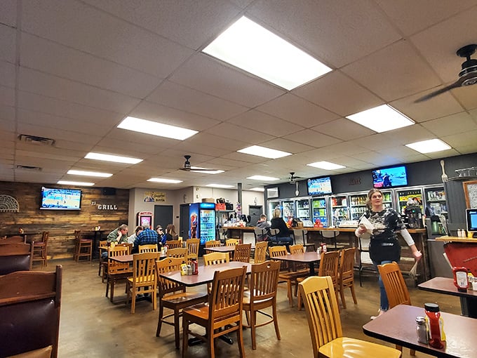 No-frills dining at its finest – wooden chairs, simple tables, and the promise of a meal that doesn't need fancy surroundings to impress your taste buds.