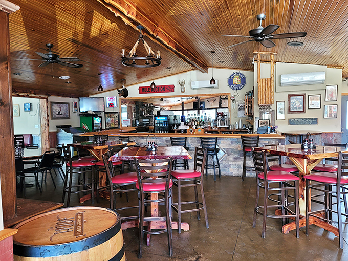 Rustic charm meets serious steakhouse credentials in this welcoming dining room where wagon wheels hang overhead with pride.