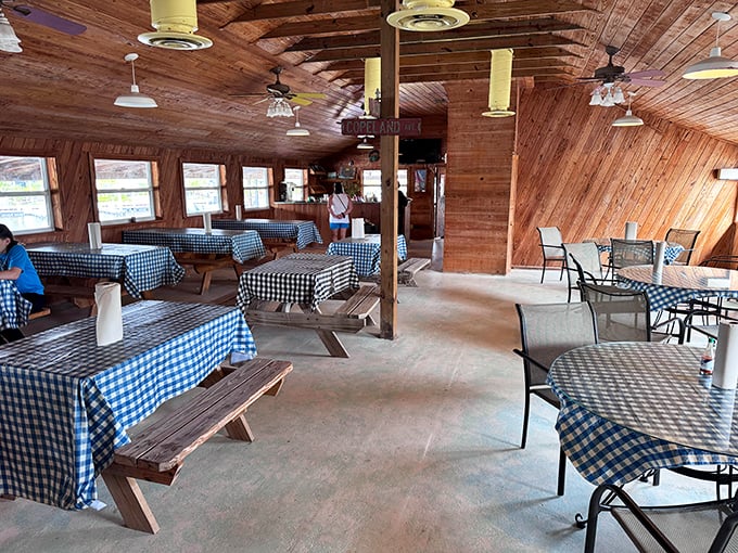 Blue checkered tablecloths and wooden picnic tables tell you everything you need to know—this place prioritizes seafood over scenery, and that's exactly as it should be.