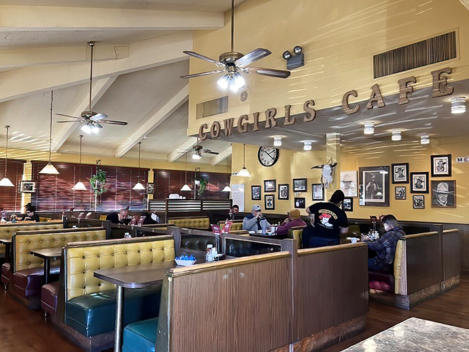 Step inside to a world where yellow vinyl booths and Western memorabilia create the perfect backdrop for breakfast magic.
