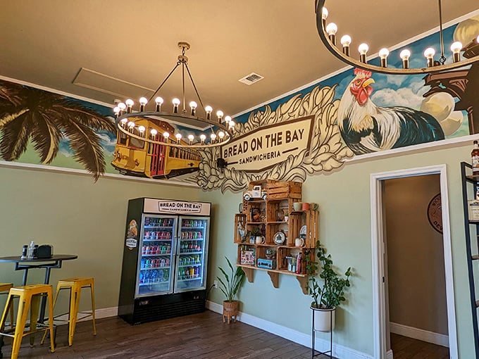 That mural though! Palm trees, streetcars, and a rooster watching over refrigerated drinks – Florida's essence captured in vibrant color.
