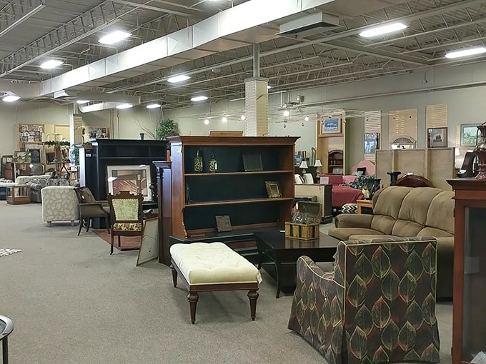 The furniture section showcases quality pieces waiting for their second act—that ottoman could tell stories if it could talk!