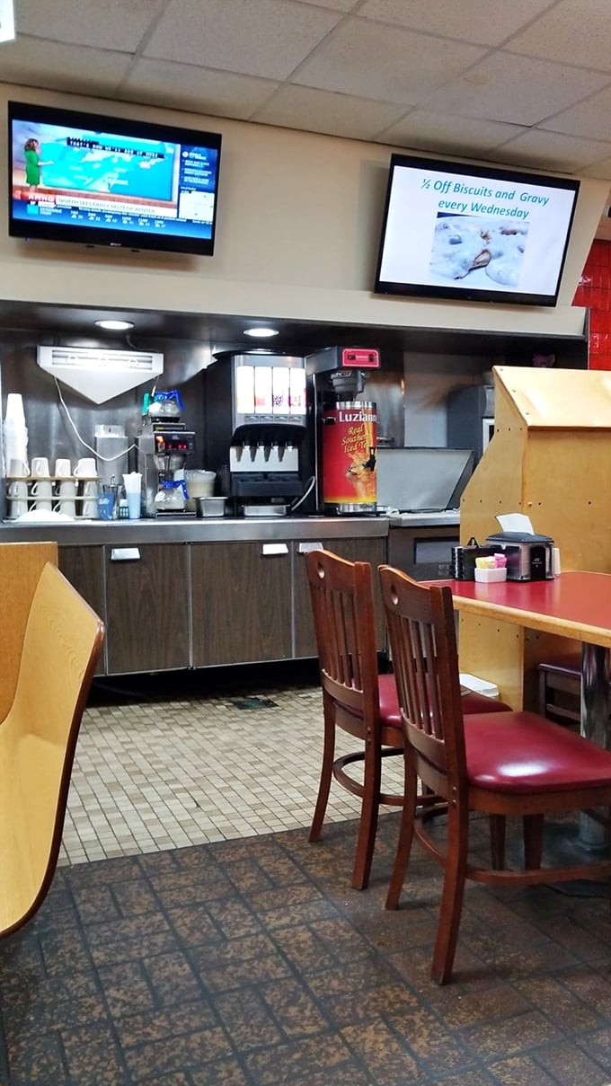 The coffee station stands ready for action, like a caffeinated command center where Wednesday's biscuits and gravy special is always the headline news.