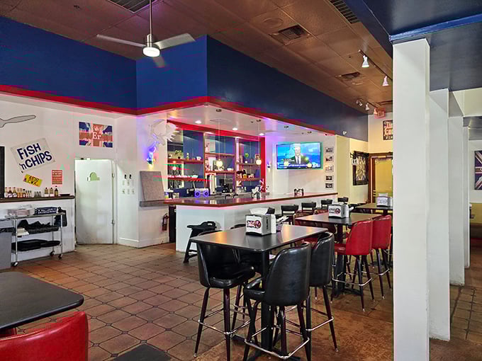 Red, white, and blue never looked so appetizing. The Codfather's interior feels like a cozy British pub teleported to the Nevada desert, Union Jack pride intact.