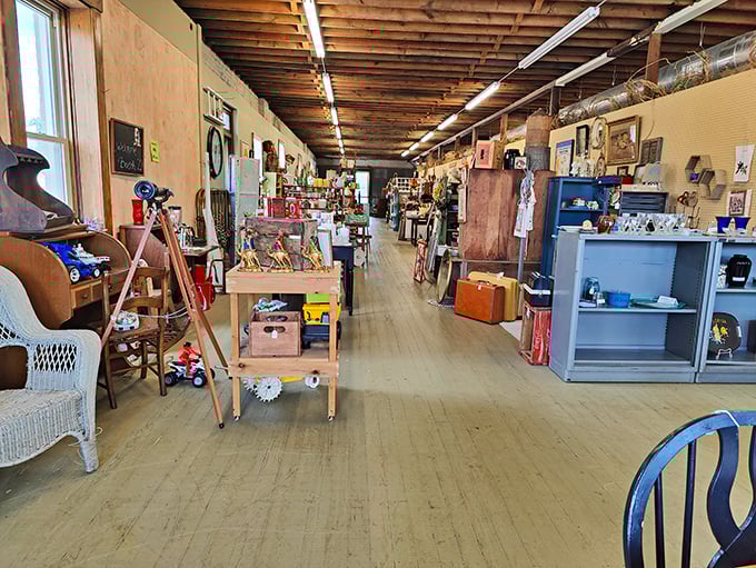 Long wooden aisles stretch into the distance, creating pathways through history where each booth tells its own story.