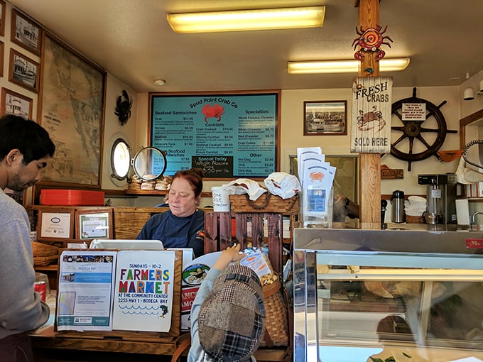 Nautical charm meets no-nonsense efficiency inside, where ship wheels, crab signs, and seaside maps set the tone for a place that lets the food do the talking.