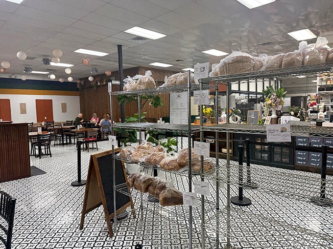 Inside, the black and white tile floor creates a classic backdrop for the real stars—rows of baked treasures awaiting their moment of glory.