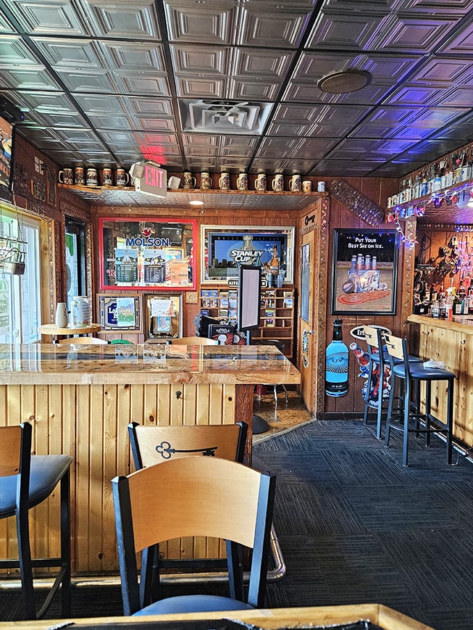 Warm wood paneling, tin ceiling tiles, and that unmistakable "been here forever" vibe—this is where memories are made between bites of legendary whitefish.