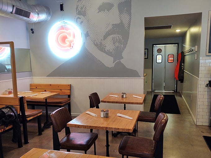 Inside, the sleek interior balances modern design with classic diner comfort. That neon "G" sign isn't just lighting – it's a beacon of culinary promise.
