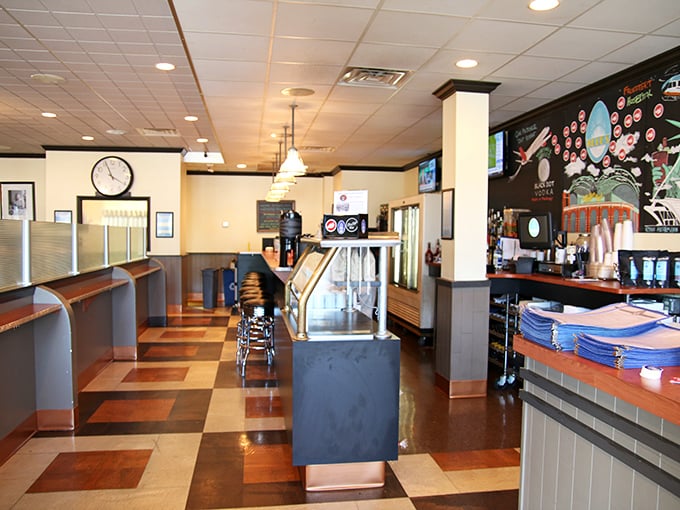 The checkerboard floor leads you through a diner that balances nostalgia with modern flair—breakfast's version of a warm welcome.