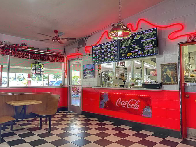 Classic red and white tiles that don't just say "American diner" – they practically sing it with a side of nostalgia.