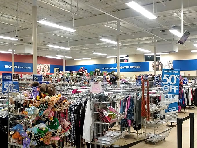 Rows of organized racks stretch into the distance like a thrifter's yellow brick road to affordable fashion glory.