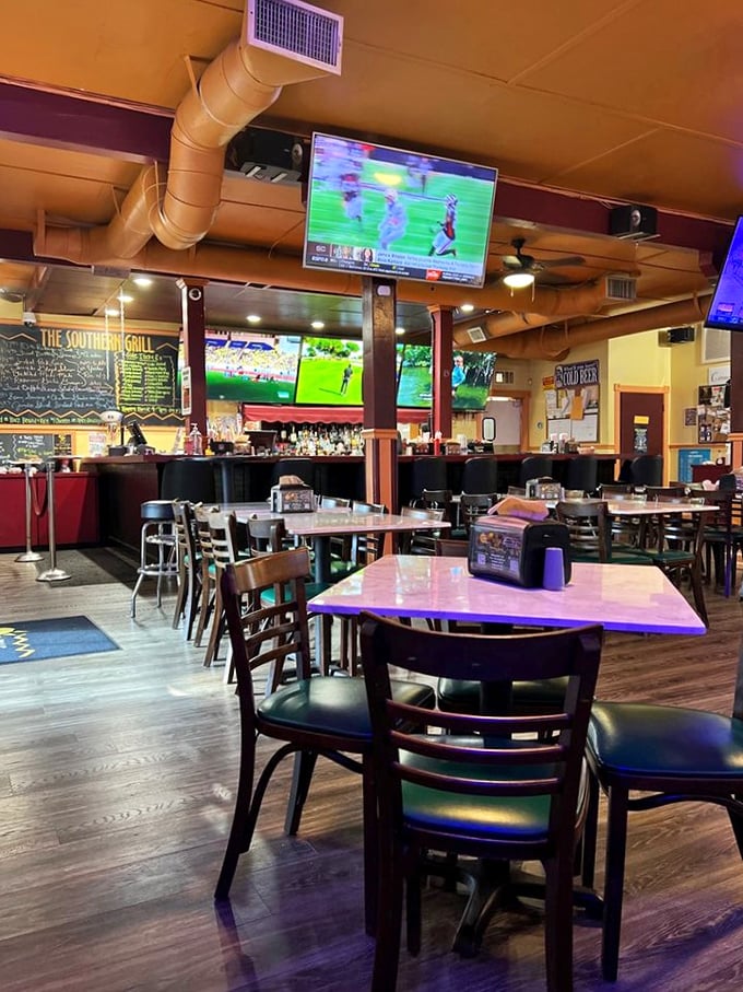 Inside, it's all about comfort and community, with TVs for the game and tables ready for serious eating.
