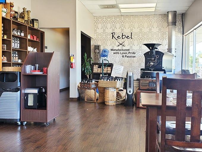 Inside, the coffee corner reveals the "Rebel" roaster—where beans are transformed with "Love, Pride & Passion" into the liquid fuel that powers Florida mornings.