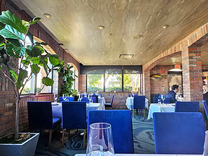 The Bay Bridge isn't just visible from these windows – it's practically a dining companion, framed by exposed brick that makes industrial chic feel like home.