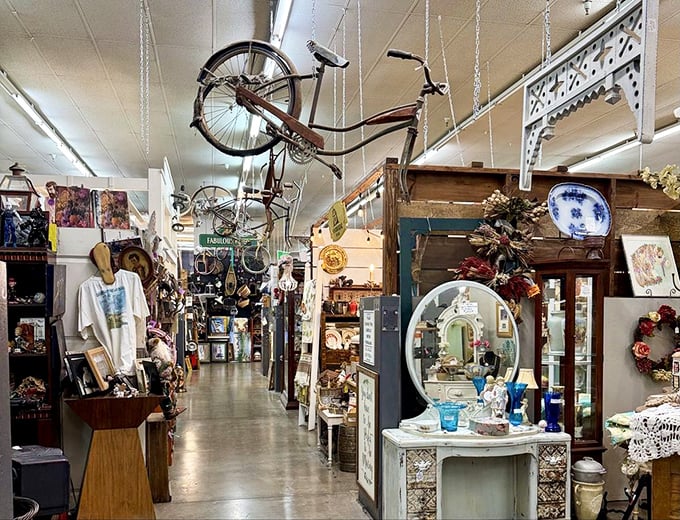 Vintage bicycles suspended from the ceiling create an Alice-in-Wonderland effect as you wander through aisles packed with yesterday's treasures.