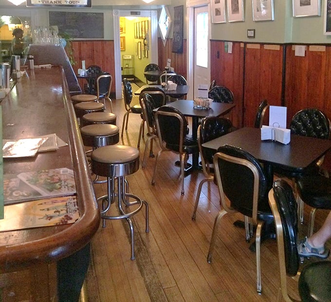 Classic diner counter meets cozy café vibes. Those chrome stools have probably witnessed more food epiphanies than a cooking show judge.