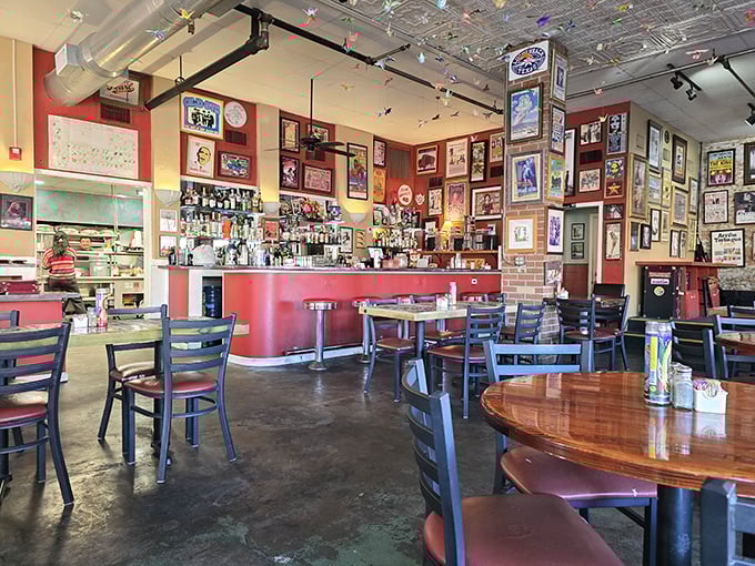 Where every inch tells a story – concert posters, memorabilia, and that signature red counter create the perfect backdrop for breakfast epiphanies.
