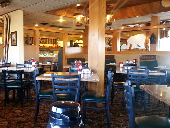 Warm wood paneling and blue chairs create that perfect "come as you are" atmosphere where conversations flow as freely as the coffee.