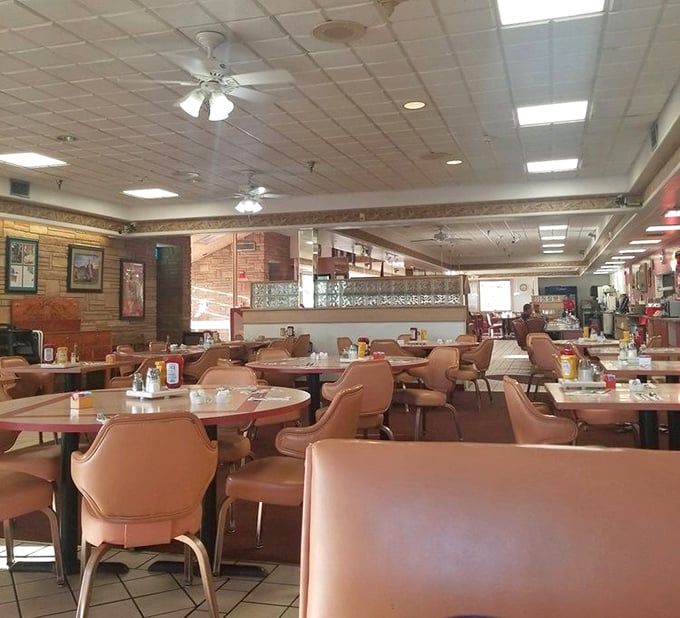 Classic American diner charm with salmon-colored booths that have witnessed decades of conversations, celebrations, and first dates.