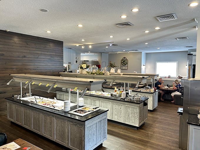 Buffet heaven awaits! The modern interior balances rustic charm with practical design – because when food's this good, fancy chandeliers would just be showing off.