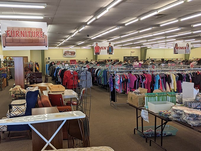 A thrifter's paradise stretches before you – racks of potential wardrobe upgrades waiting alongside furniture finds that whisper "take me home."