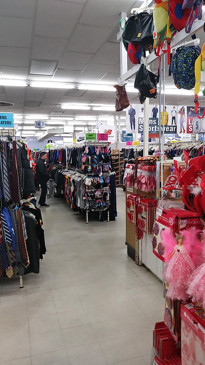 Treasure hunting begins here! Racks upon racks of potential wardrobe transformations await under the no-nonsense fluorescent lighting.