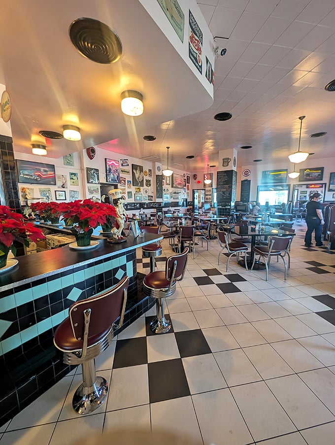 The classic black and white checkered floor isn't trying to be retro—it never stopped being cool in the first place.