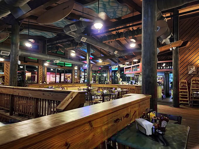 The interior feels like a ship captain's favorite hideaway—all wooden beams, nautical charm, and the promise of something delicious on the horizon.