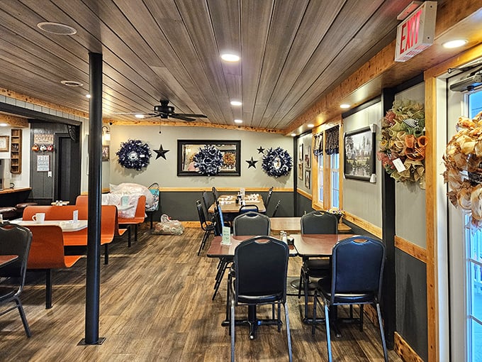 Rustic wooden beams meet cozy country decor inside Earlystown Diner, where every table feels like you're sitting at Grandma's house—if Grandma were an exceptional short-order cook.