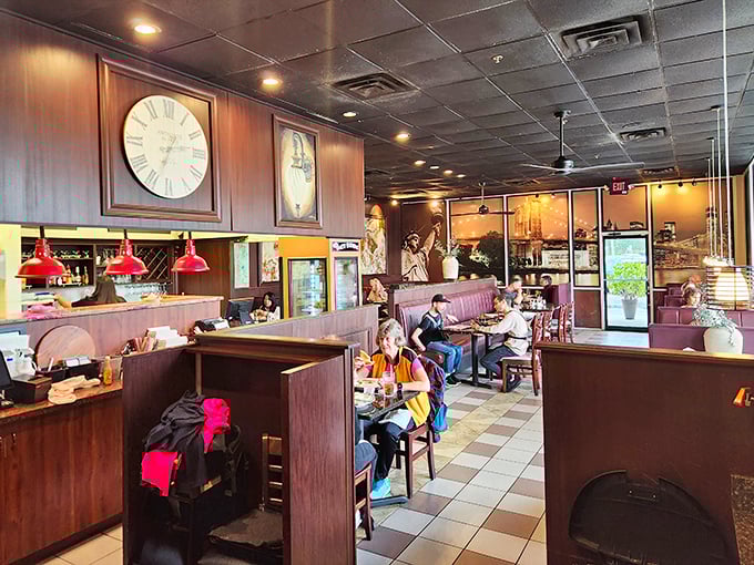 Classic diner ambiance meets Mediterranean charm inside. Those vintage clocks aren't just decor—they're counting down to your next memorable meal.