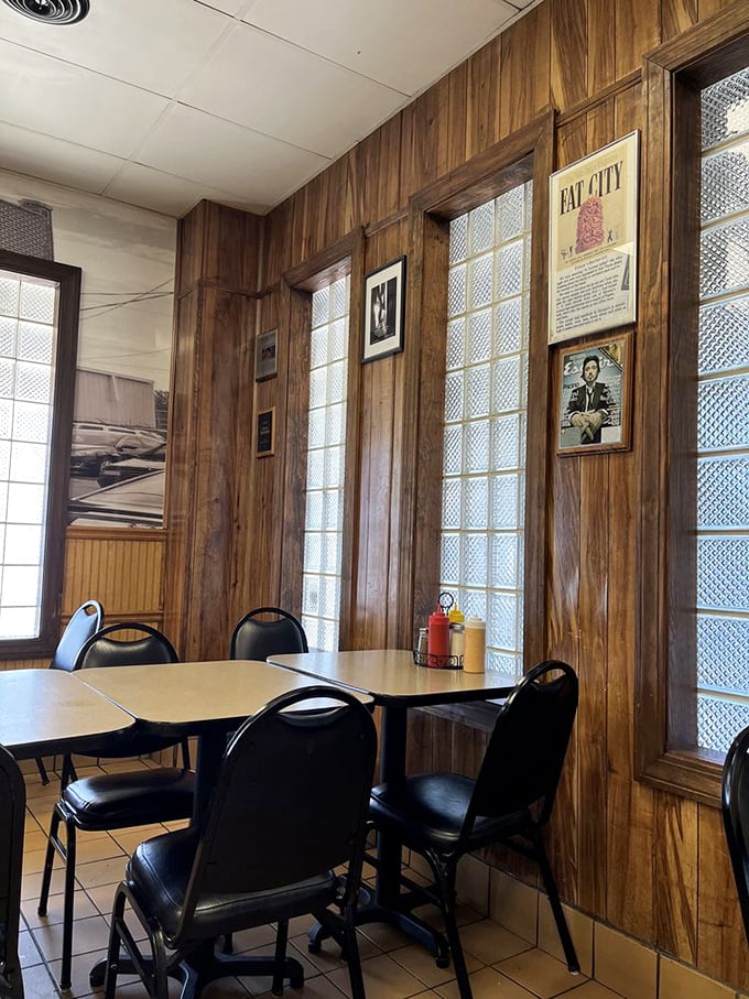 Wood-paneled walls and simple furnishings create the perfect no-nonsense backdrop for serious sandwich consumption—this place means business.
