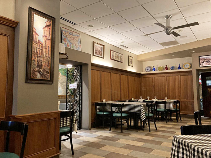 Inside, checkered tablecloths and wood paneling aren't trendy design choices—they're traditions, creating a dining room that feels like your Italian grandmother's house.