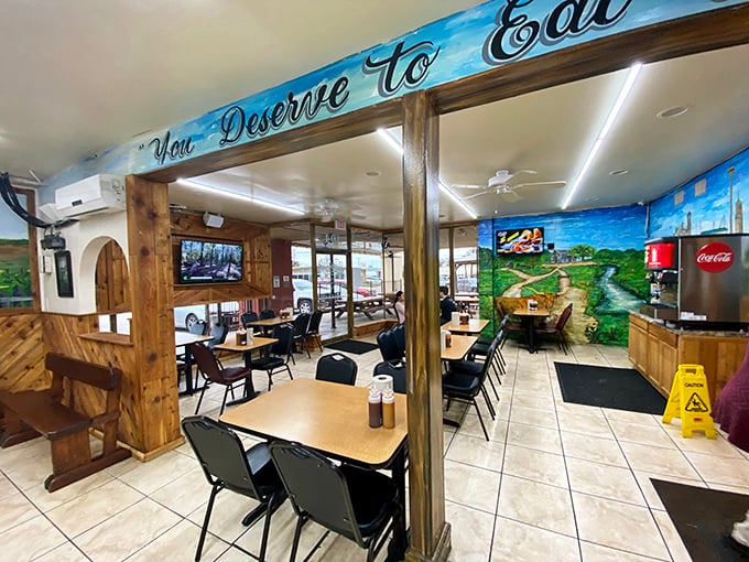 "You Deserve to Eat" isn't just a slogan—it's a philosophy. This warm, wood-accented dining room feels like your favorite uncle's place, if your uncle happened to be a barbecue genius.