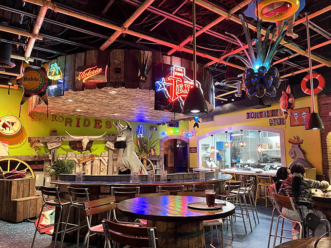 Step inside and you're transported to fiesta central—where mechanical burro rides, neon signs, and colorful décor create an atmosphere that's equal parts Mexico and mountain magic.