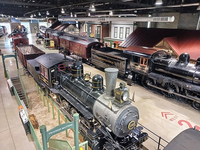 A bird's-eye view of history on rails—each locomotive tells a story of America's industrial revolution and westward expansion.