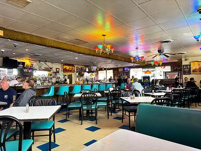 Time travel isn't science fiction at Vito & Nick's—it's the dining room, where colorful tiffany lamps and turquoise chairs have witnessed decades of pizza perfection.