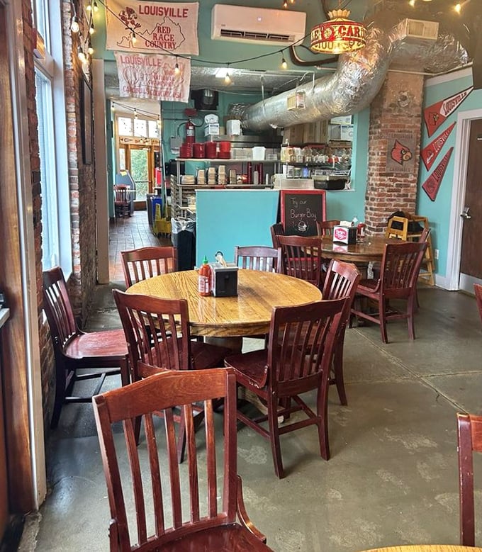 The turquoise walls and exposed brick create the perfect backdrop for burger bliss – no Instagram filter needed.