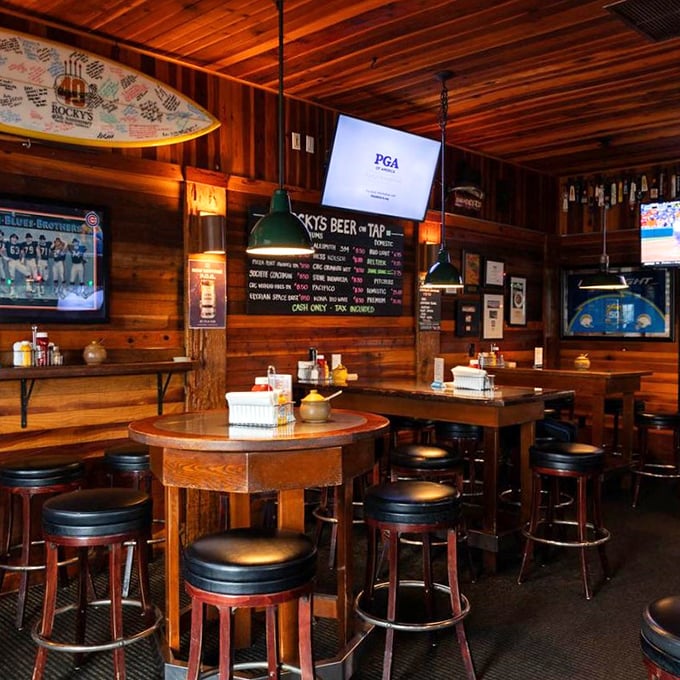 Wood paneling paradise where burgers reign supreme and nobody's counting calories – just the way dining should be.