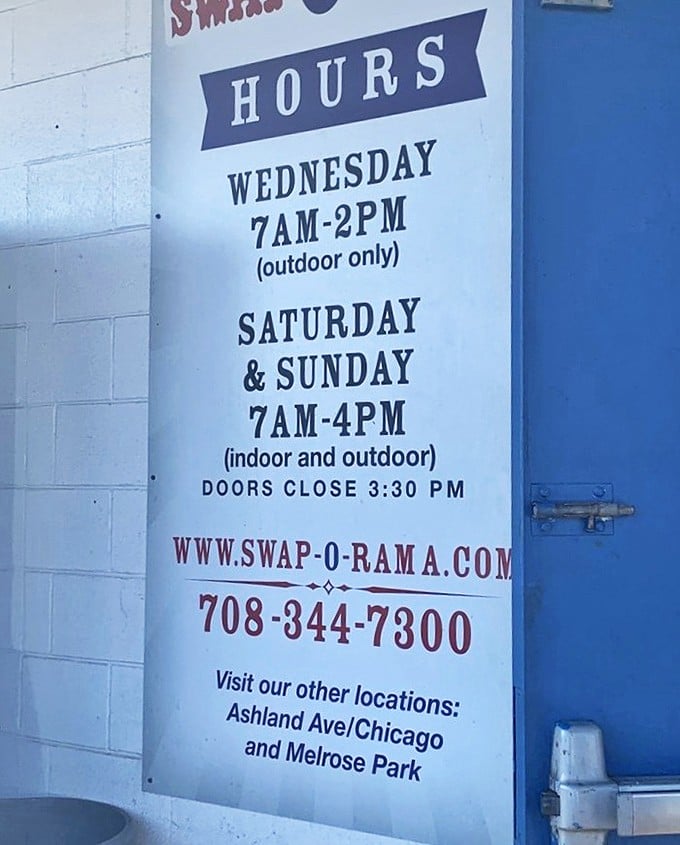Operating hours posted like a treasure map's legend. Wednesday for the early birds, weekends for the serious haul—timing is everything in bargain hunting.