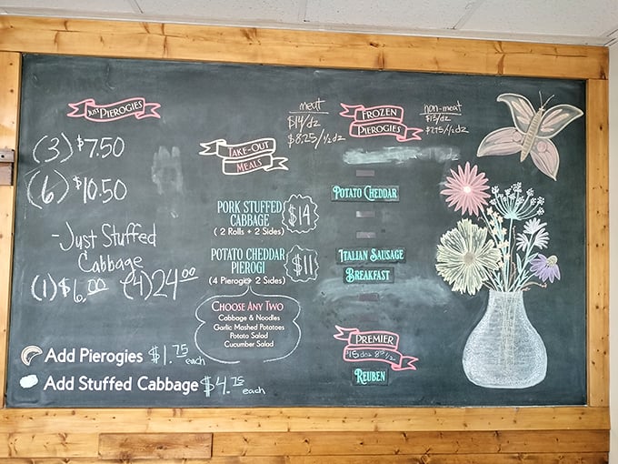 The chalkboard menu speaks the universal language of comfort food. Simple choices, extraordinary results – just as the pierogi gods intended.
