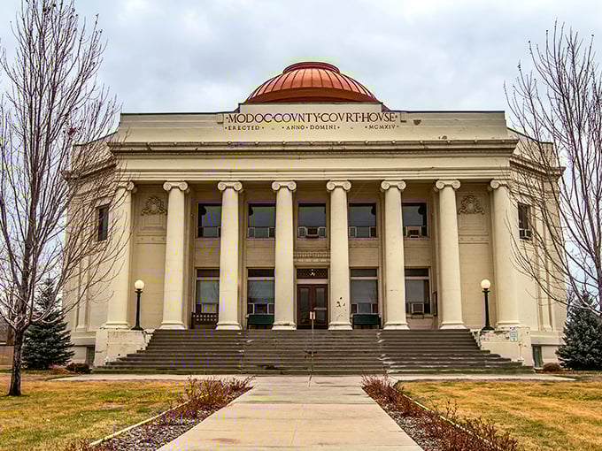 The Modoc County Courthouse stands like a Roman temple in the high desert, its columns practically begging for a citizenship ceremony or small-town rom-com finale.