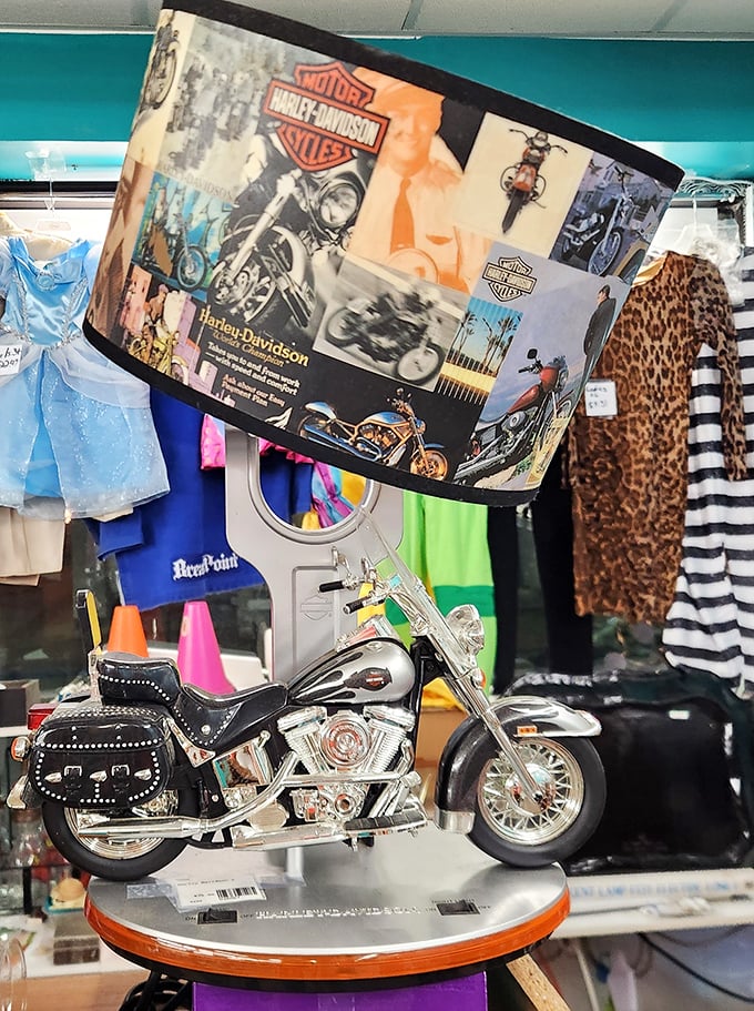 Motorcycle enthusiasts, rev your engines! This miniature Harley sits proudly among an eclectic collection of memorabilia that would make Easy Rider jealous.
