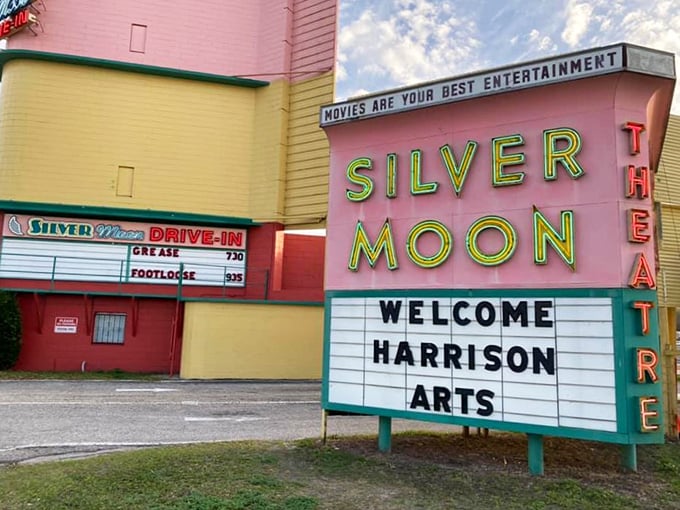 That glorious neon sign—a beacon of nostalgia in pink, yellow, and green that's been calling movie lovers for generations.