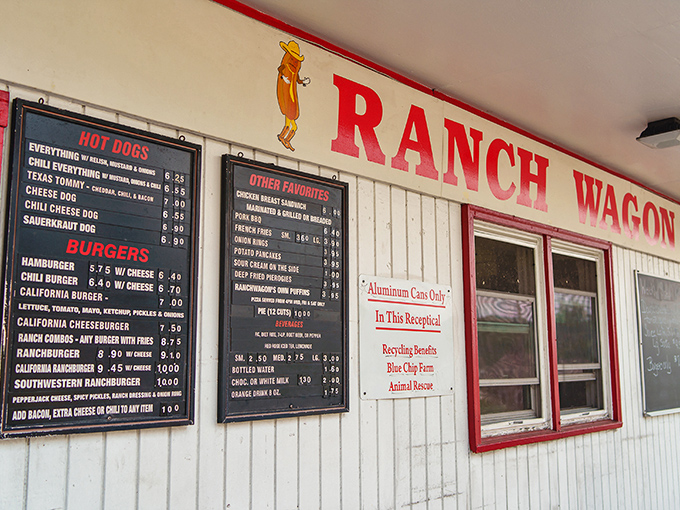 That iconic cartoon hot dog in a cowboy hat says it all—Ranch Wagon doesn't need fancy signage when their food speaks volumes through decades of deliciousness.